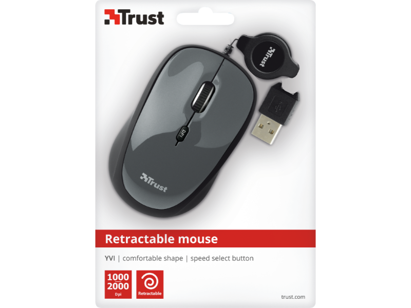 Trust Yvi Optical Retractable 70cm USB Cable Black Ambidextrous Mouse ...